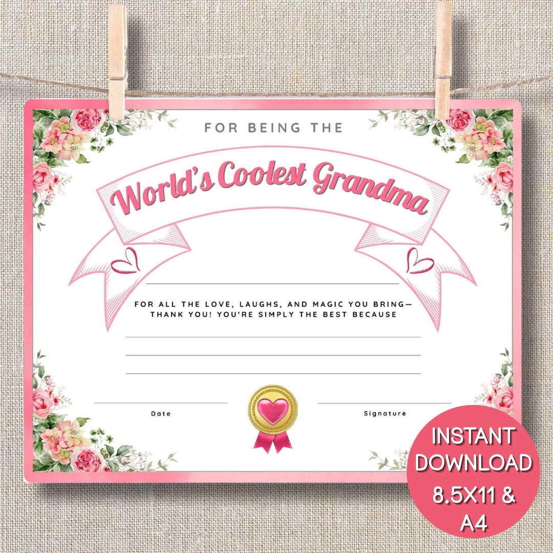 World's Coolest Grandma Grandparents Day Printable Award Certificate ...