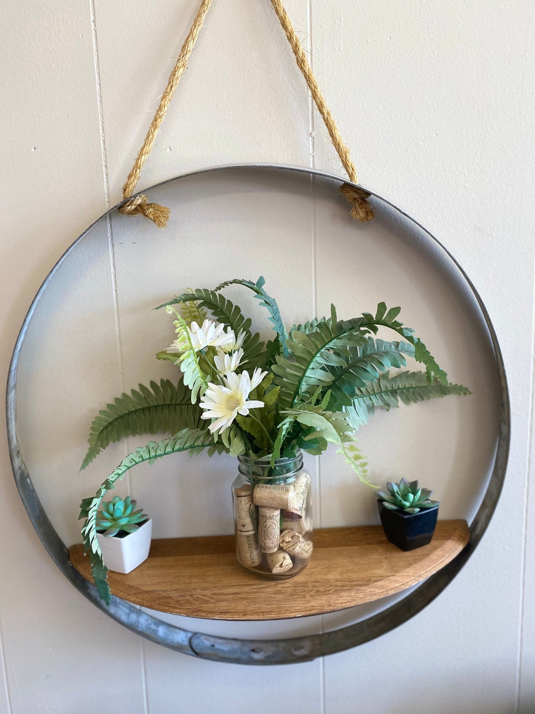 Rustic Wine Barrel Hoop Hanging Shelf - Handmade Nautical Rope Decor ...