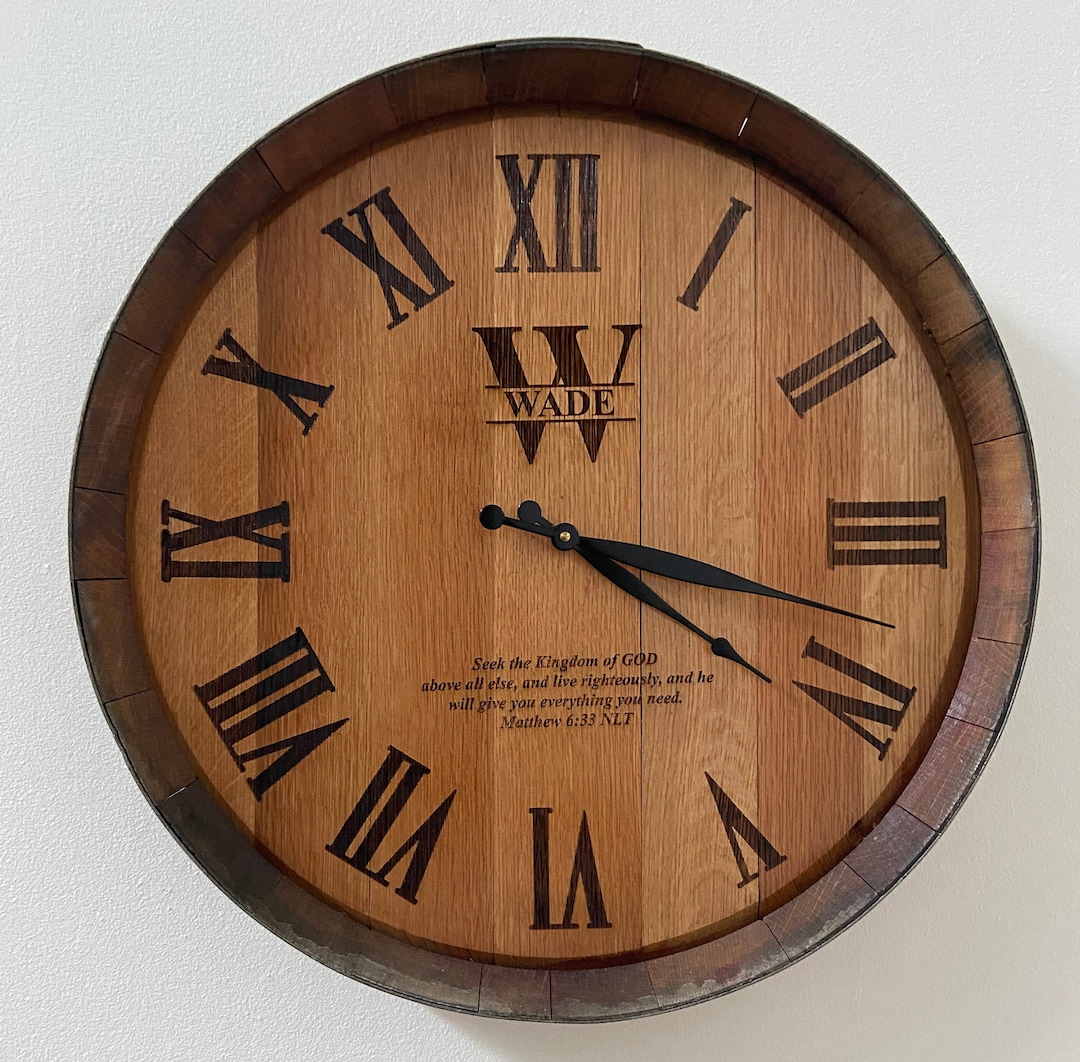 Engraved Reclaimed Barrel Head Clock: Rustic Wine or Whiskey Decor - Etsy