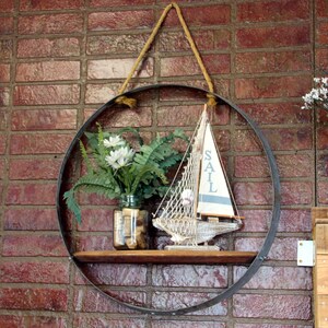 Rustic Wine Barrel Hoop Hanging Shelf - Handmade Nautical Rope Decor ...