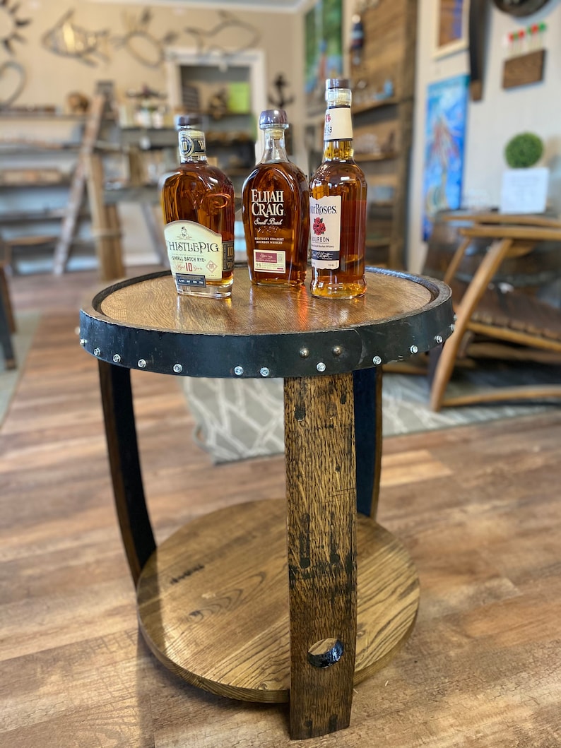 Rustic Whiskey Barrel Side Table: Handmade Bourbon Decor - Etsy
