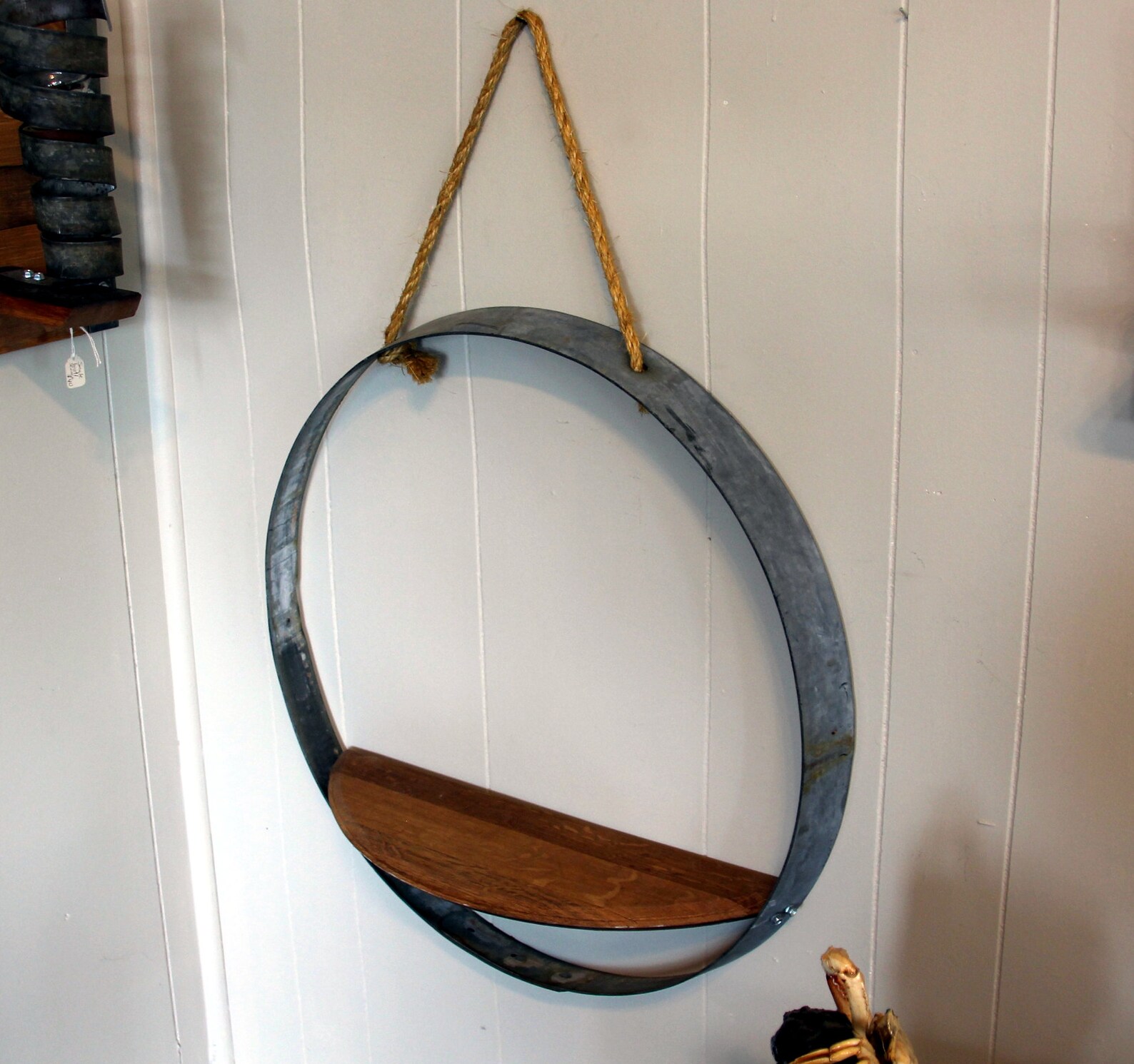 Rustic Wine Barrel Hoop Hanging Shelf - Handmade Nautical Rope Decor ...