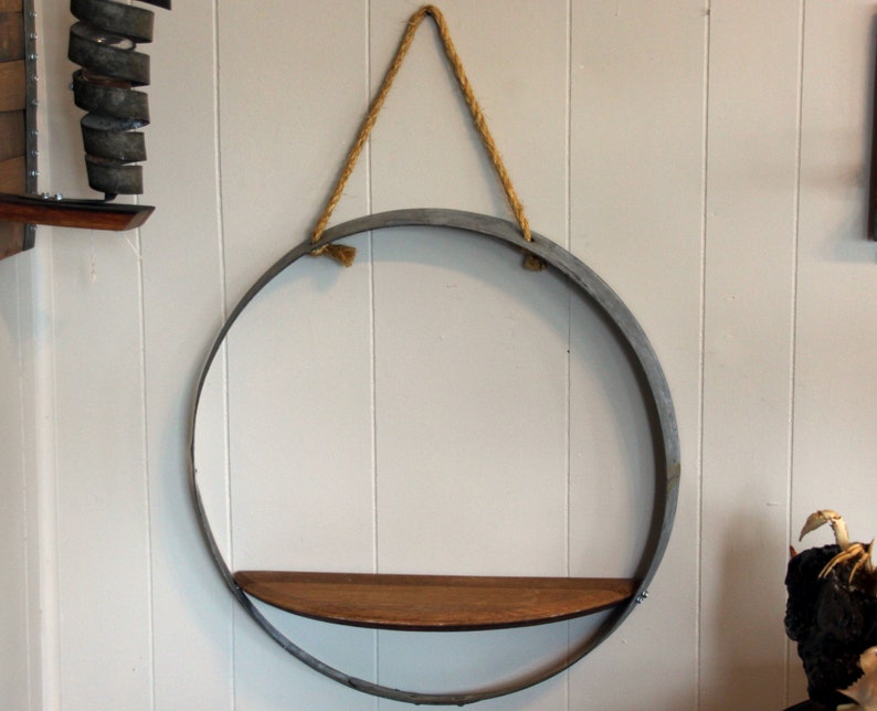 Rustic Wine Barrel Hoop Hanging Shelf - Handmade Nautical Rope Decor ...