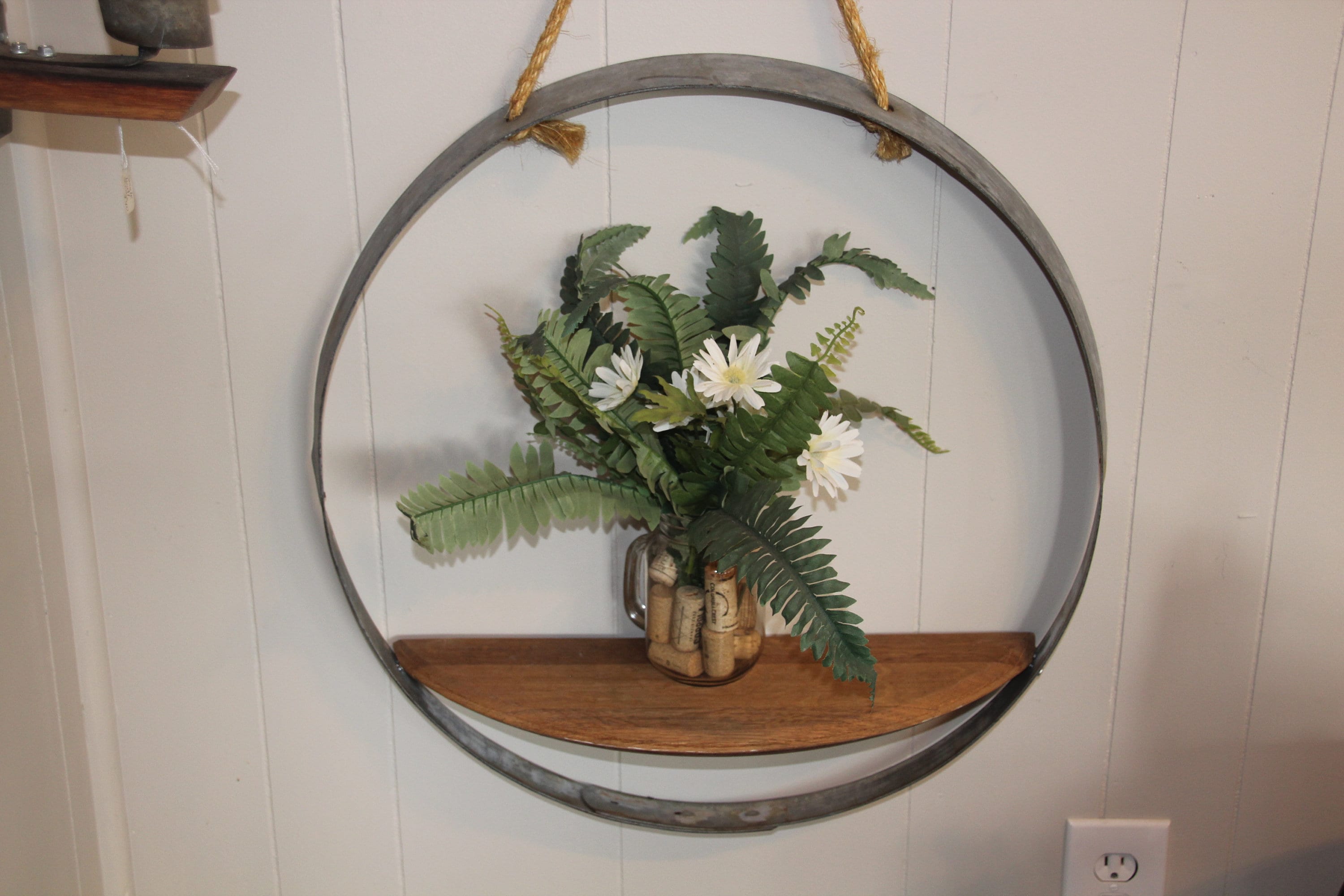 Rustic Wine Barrel Hoop Hanging Shelf - Handmade Nautical Rope Decor ...