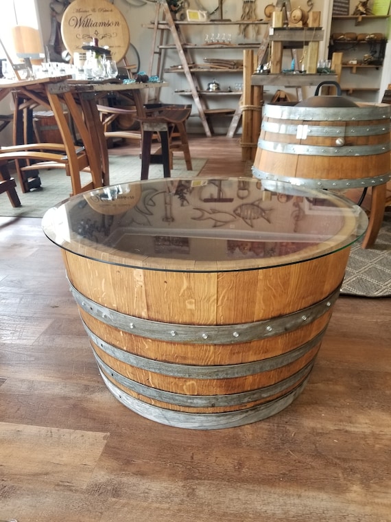 Barrel Coffee Table With Glass Top Unique Wine or Whiskey Side Table for Living Room Etsy