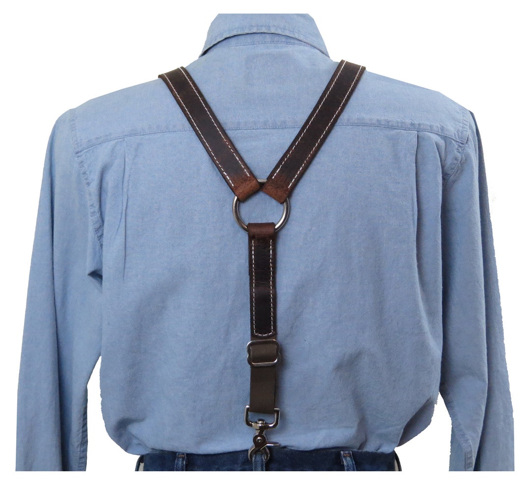White Stitched Distressed Dk Brown Premium Leather Suspenders With ...