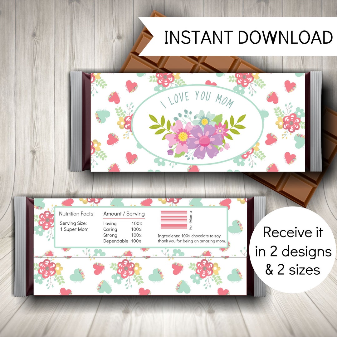 Mother's Day Candy Bar Wrappers: Floral 'I Love You Mom' (printable ...