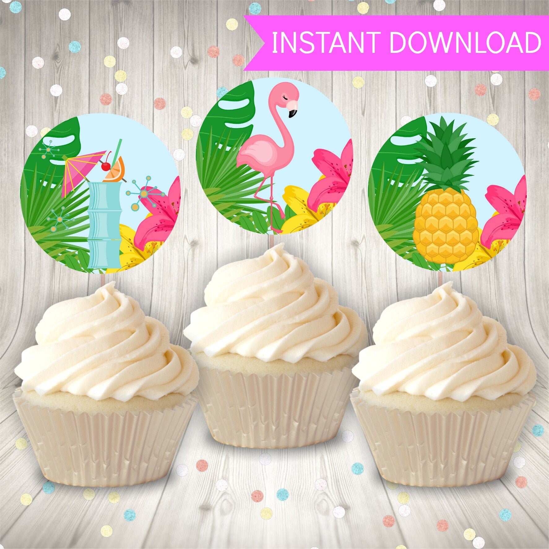 Tropical Party Cupcake Toppers, Printable Cupcake Decorations, Instant ...