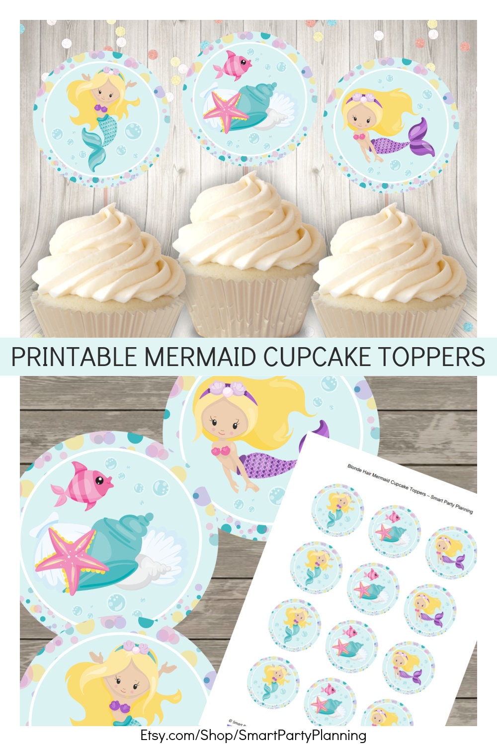 Mermaid Birthday Party Cupcake Toppers, Printable Cupcake Decorations ...