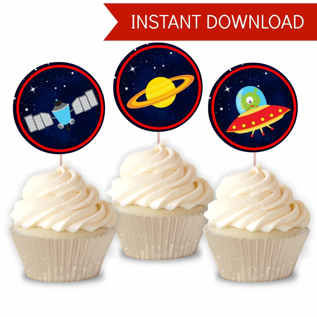 Space Cupcake Toppers, Party Circles, Birthday Party Decoration, Outer ...
