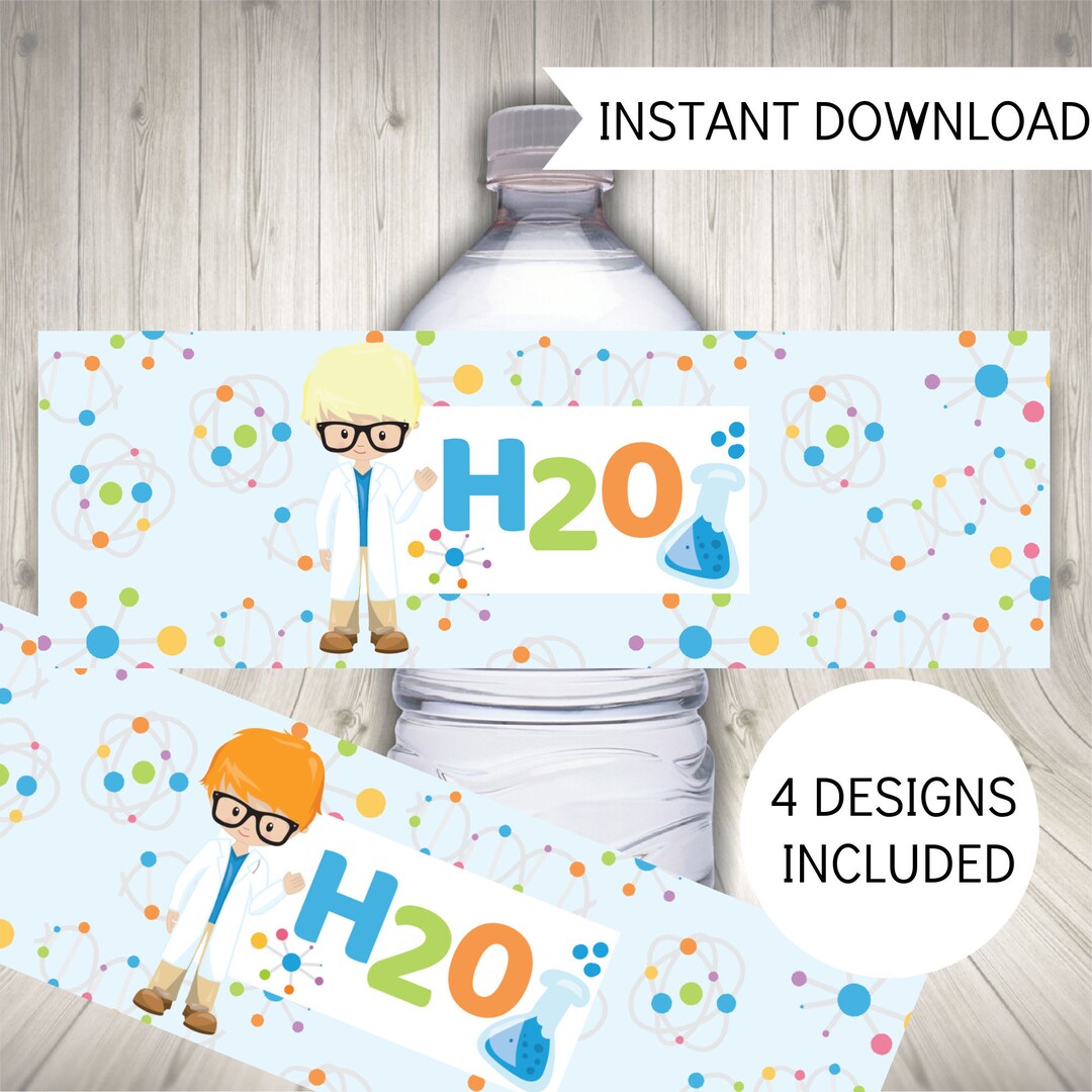 Boy Scientist Water Bottle Labels, Printable Birthday Party Decorations ...
