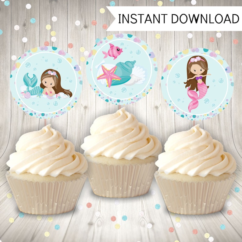 Mermaid Party Printable Cupcake Toppers, Cupcake Decorations, Instant ...