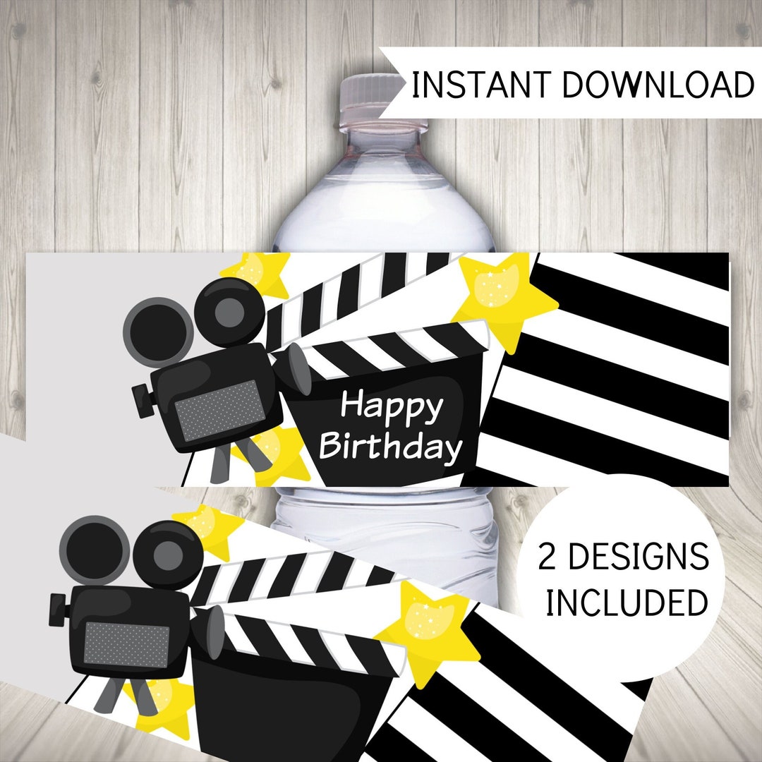 Movie Night Party Water Bottle Labels, Party Decoration, Instant ...