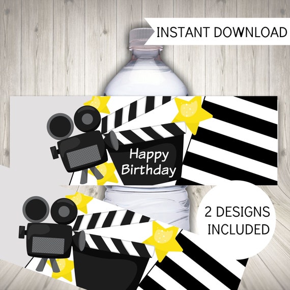 Movie Night Party Water Bottle Labels, Party Decoration, Instant ...