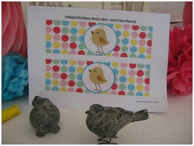 Bird Water Bottle Labels: Polkadot Birthday Party Wraps (printable PDF ...