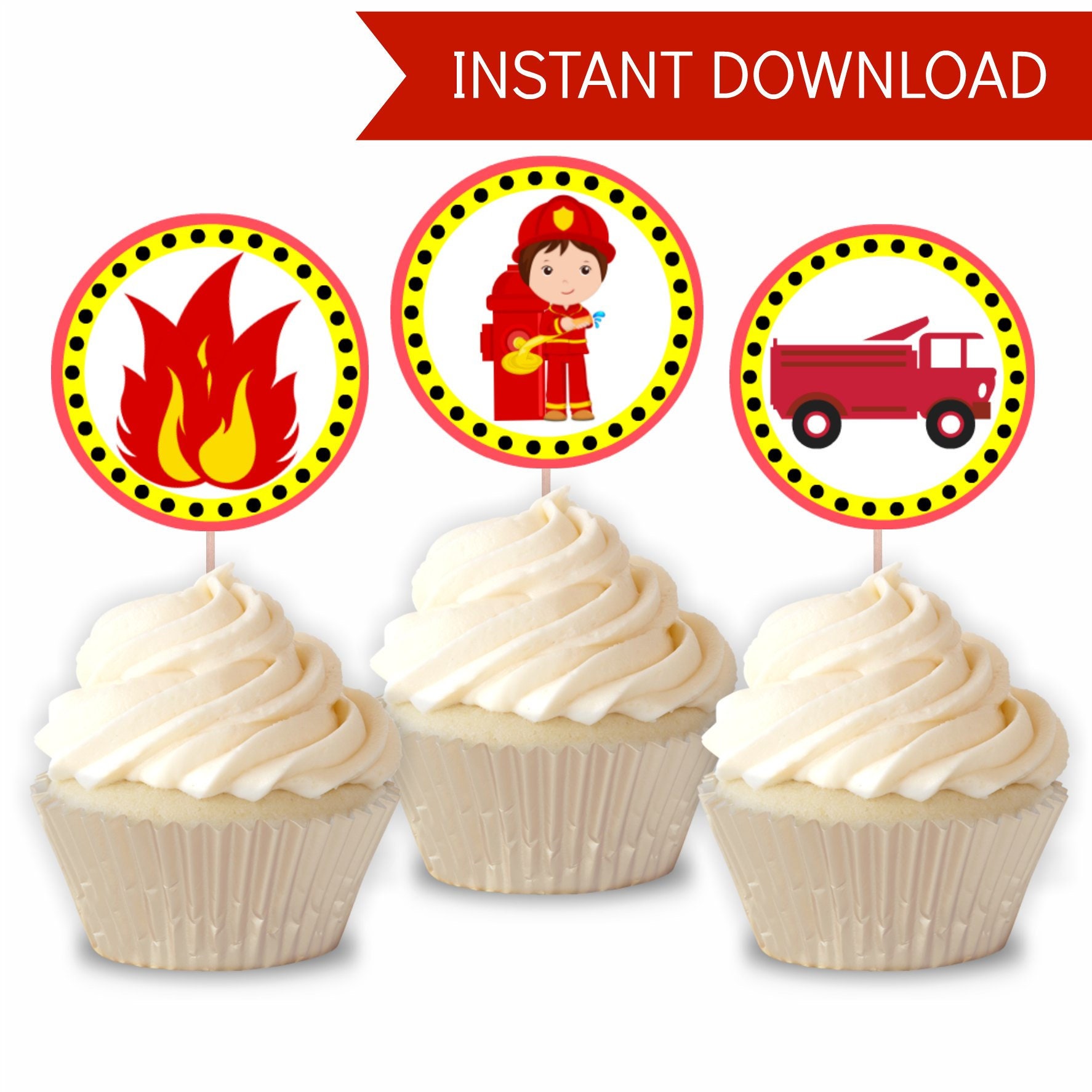 Fireman Party Cupcake Toppers Fireman Birthday Fire truck | Etsy