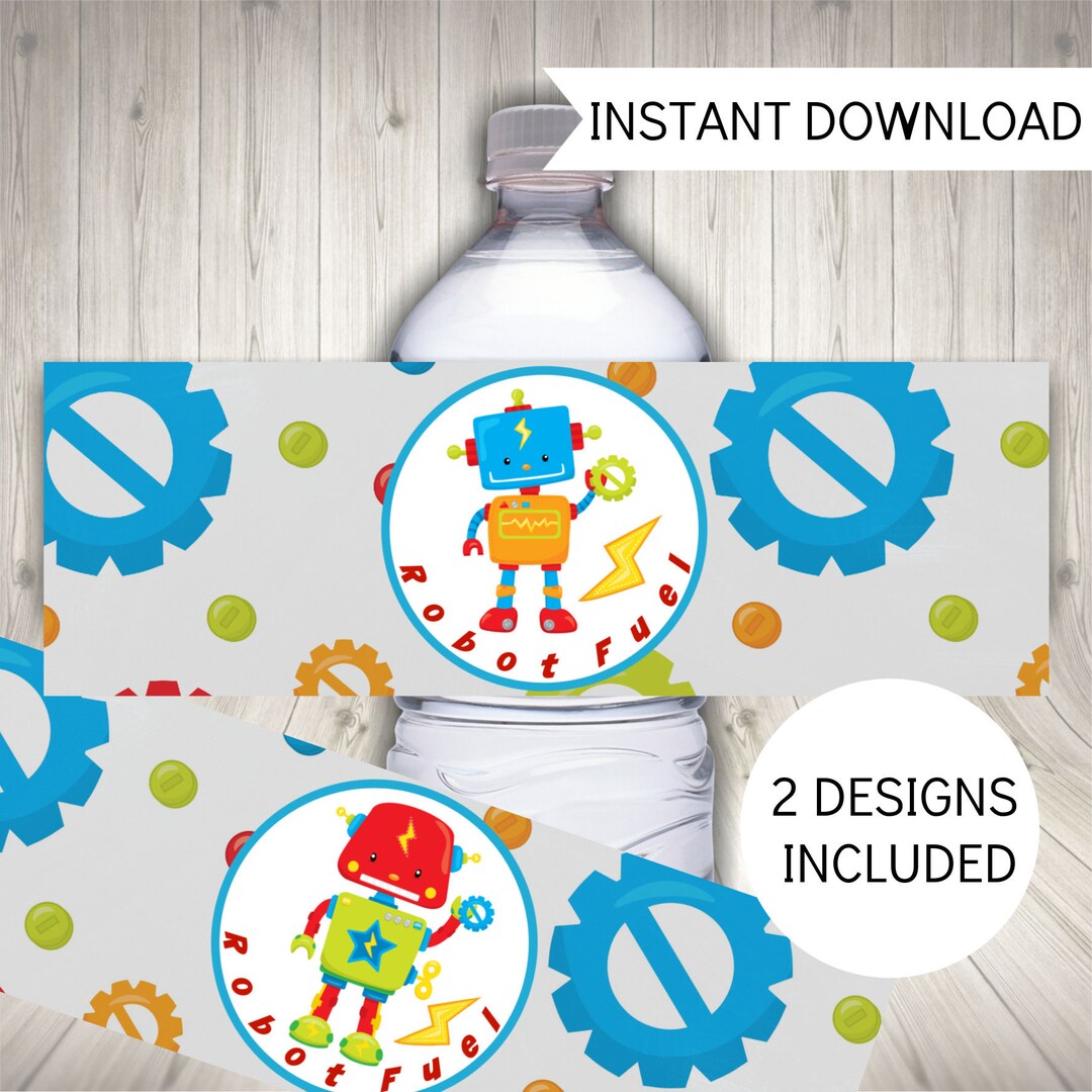 Robot Party Water Bottle Labels, Printable Party Decorations, Instant ...