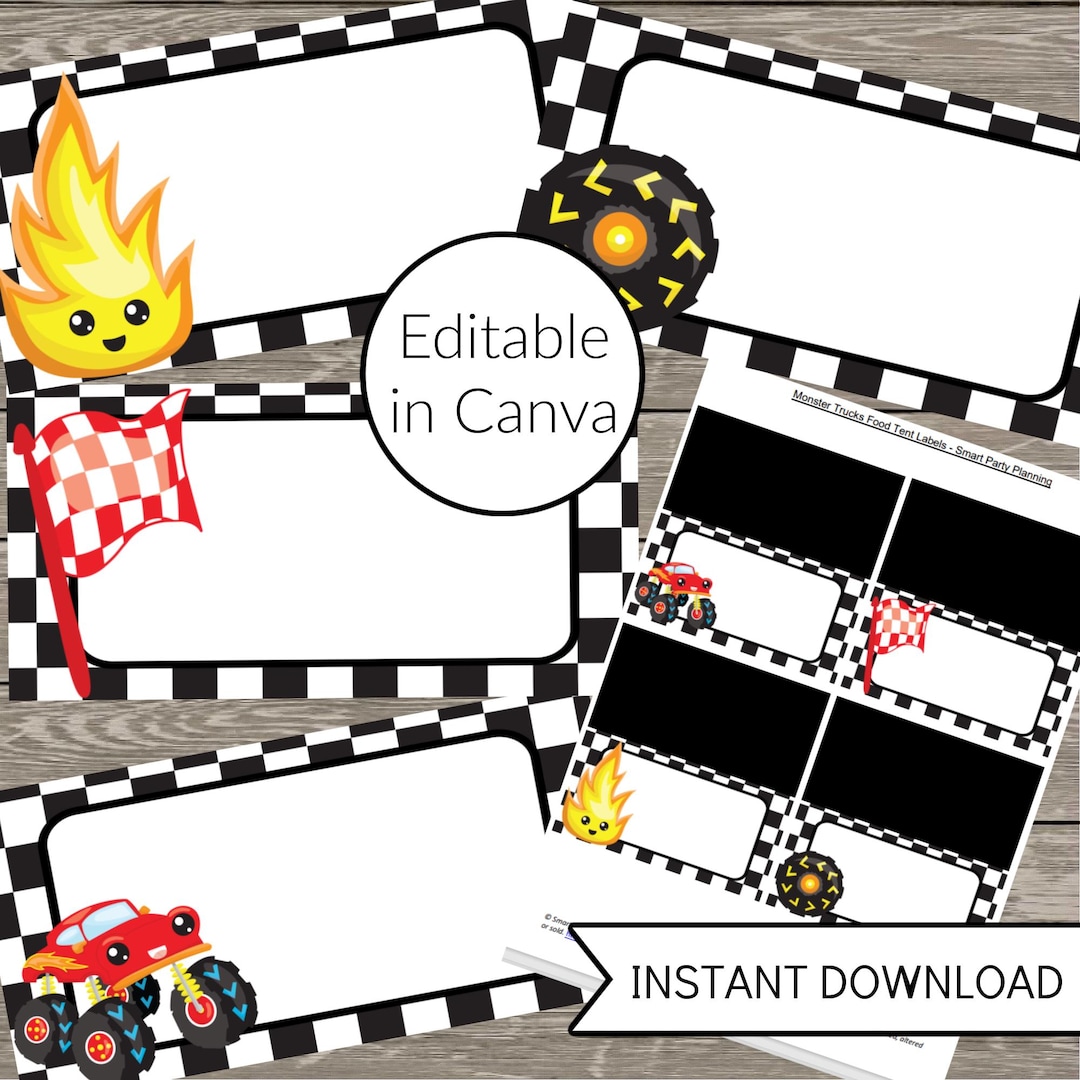 Monster Truck Madness Place Cards: (instant Download, Canva Editable ...