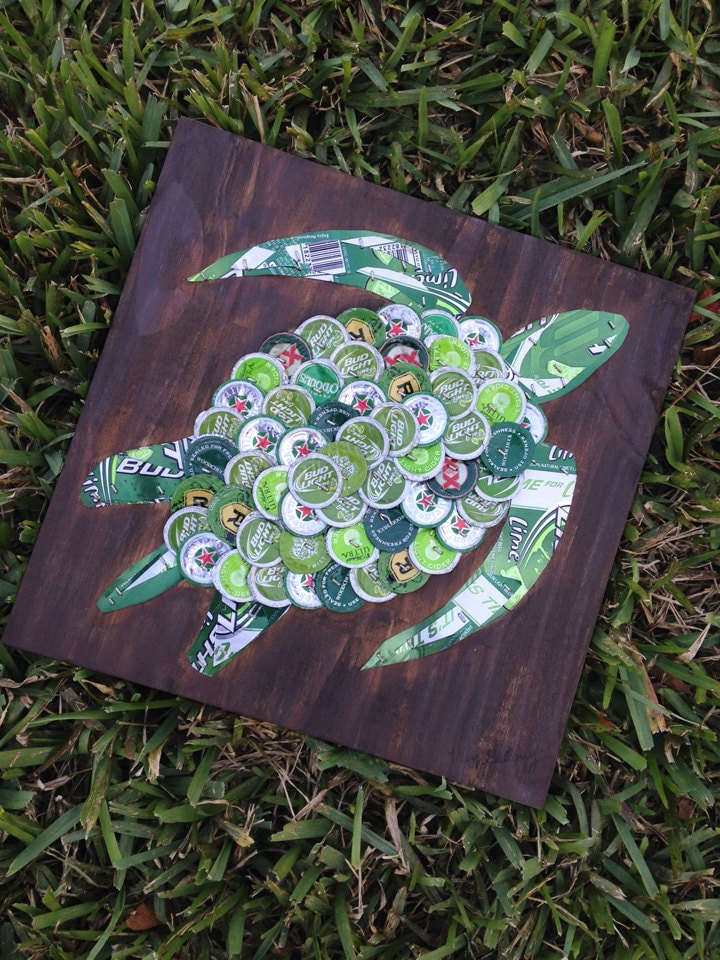 Sea Turtle Beer Cap Art, 12"x 12", Signed Original - Etsy