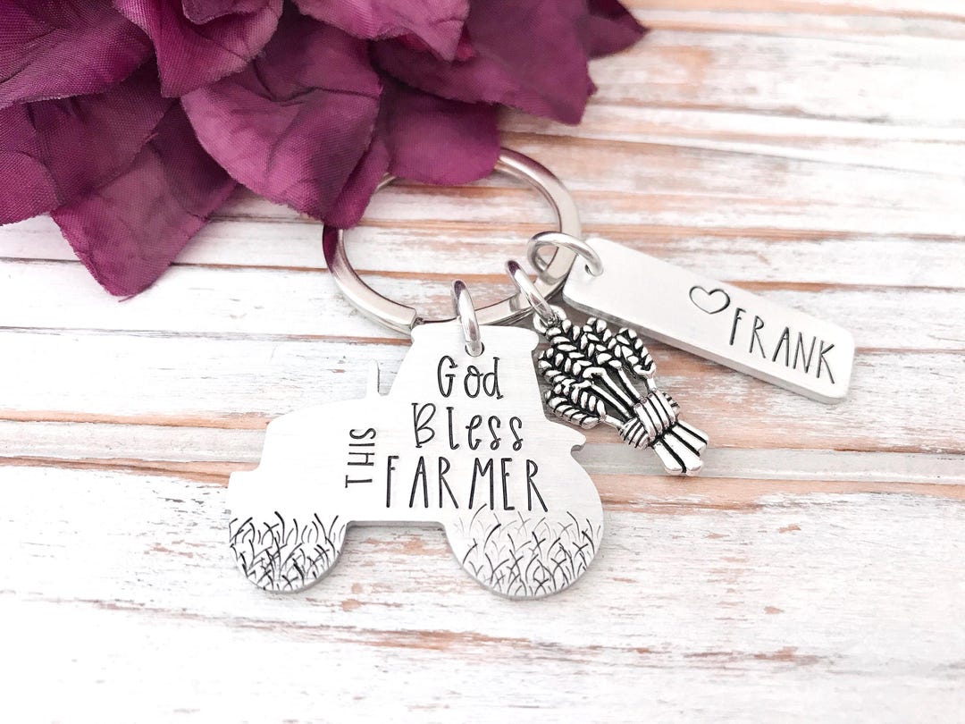 God Bless This Farmer Key Ring Personalized Tractor Keychain Wheat ...