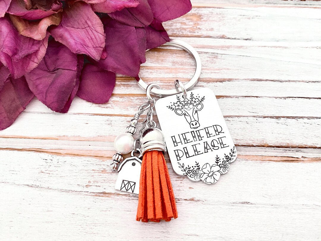 Heifer Please Floral Cow Head Personalized Hand Stamped Keychain ...