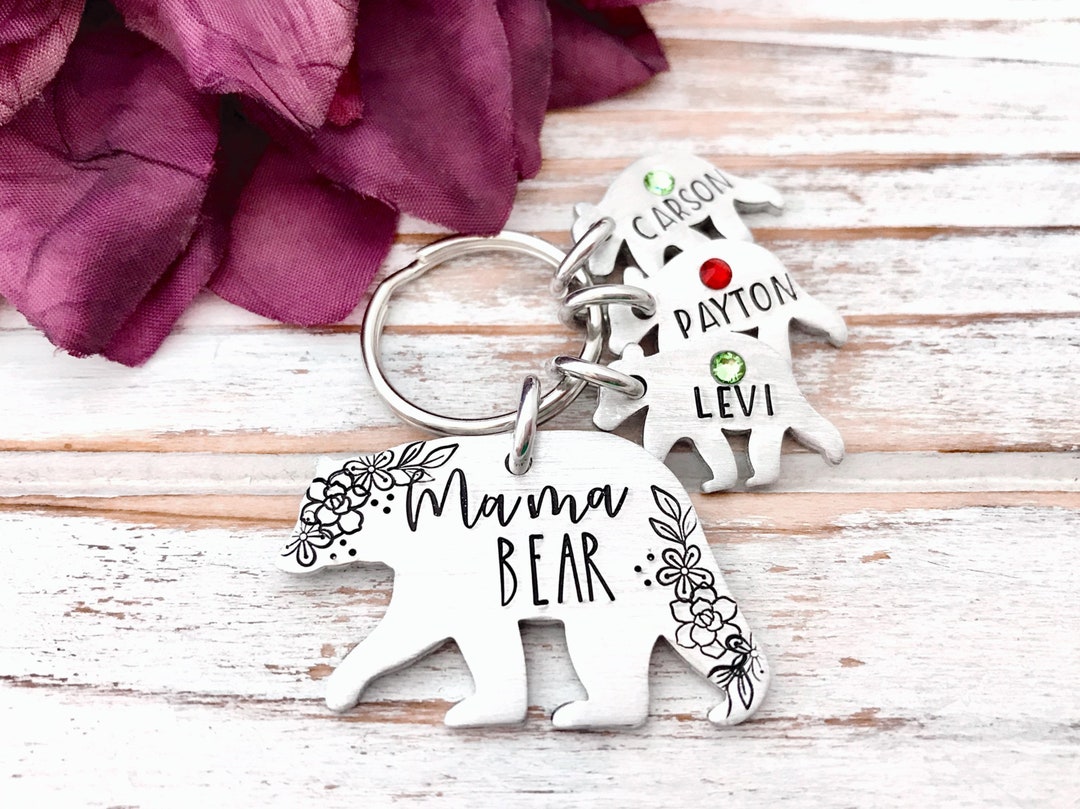 Mama Bear and Her Cubs Floral Personalized Birthstone Keychain Key ...