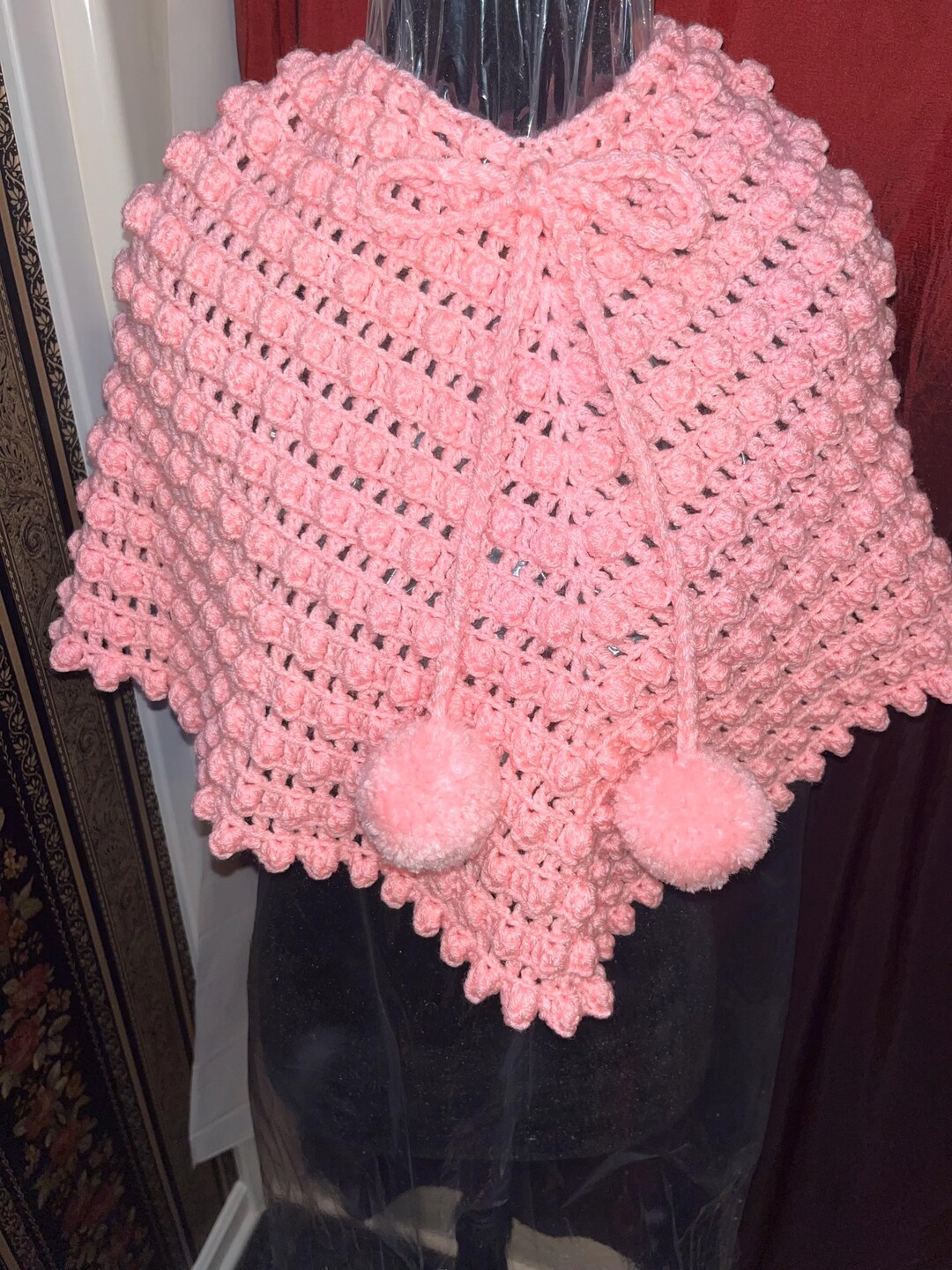 Crocheted Girls Pink Popcorn Poncho With Pompoms (fits 8-10 Years) - Etsy