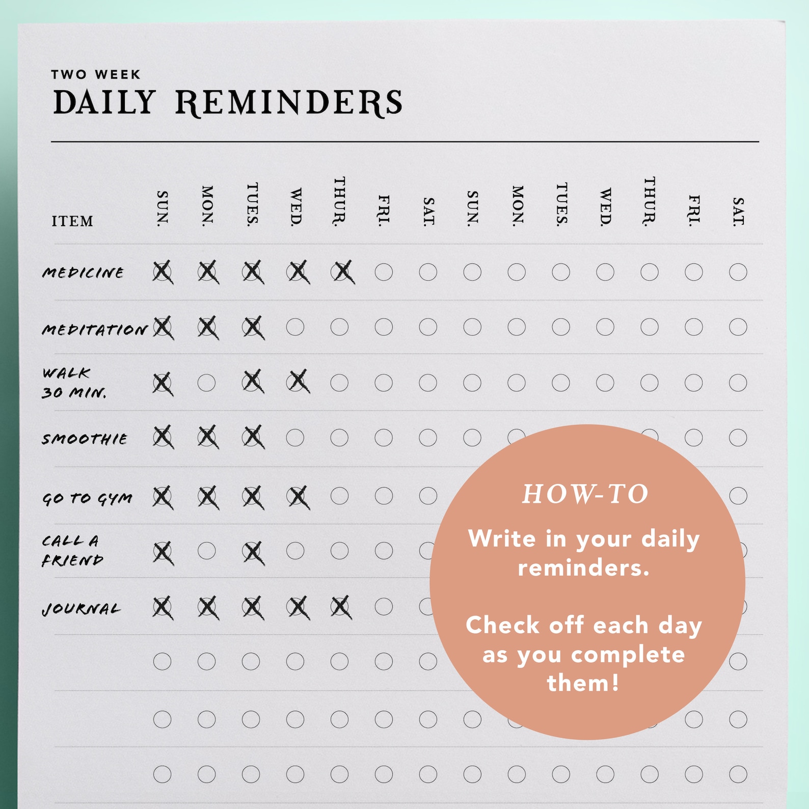 Printable Daily Reminder Checklist Two Weeks | Etsy