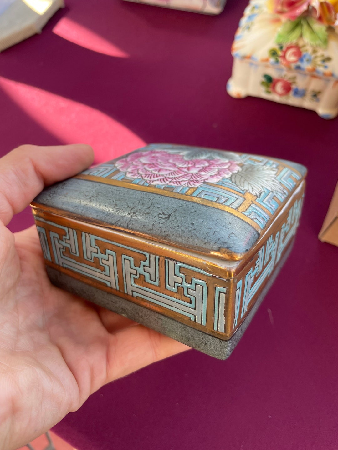 Vintage Floral Design Porcelain Box Knick Knack Jewelry Box Boho Decor ...