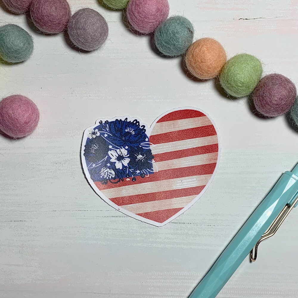 American Flag Heart Vinyl Sticker Floral Waterproof Matte | Die Cut ...