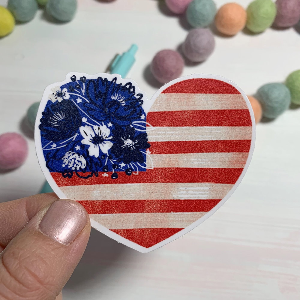 American Flag Heart Vinyl Sticker Floral Waterproof Matte | Die Cut ...