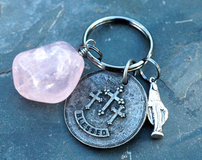 Blessed Mother Mary Keychain With Large Rose Quartz Accent Religious ...