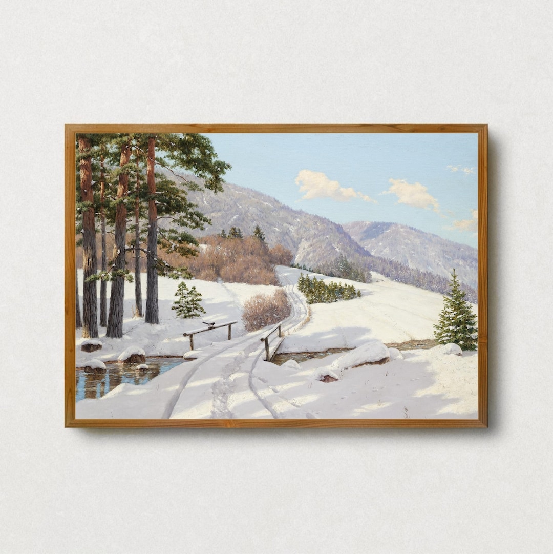 Rustic Winter Country Magpie Landscape Vintage Painting Poster Winter ...