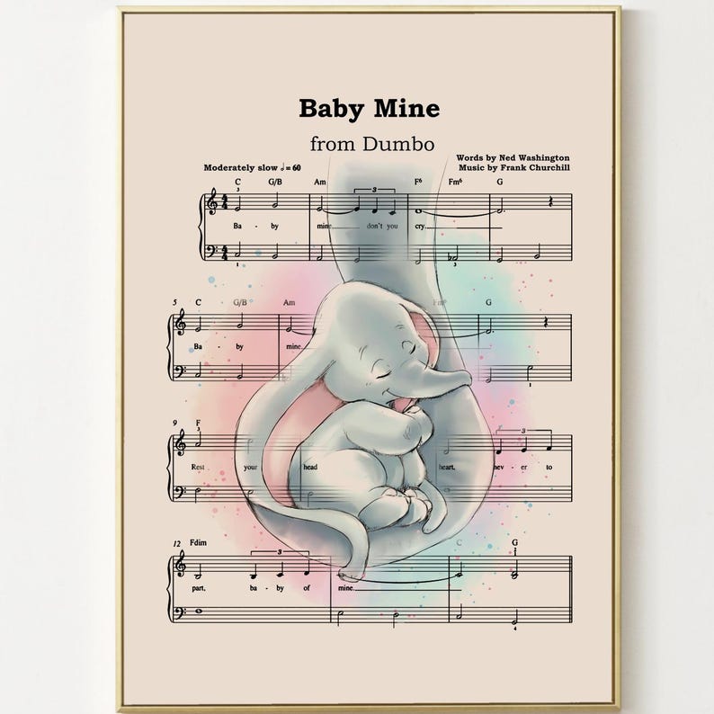 Dumbo Poster Dumbo and Mom Musical Print Baby Mine Music Sheet Art ...