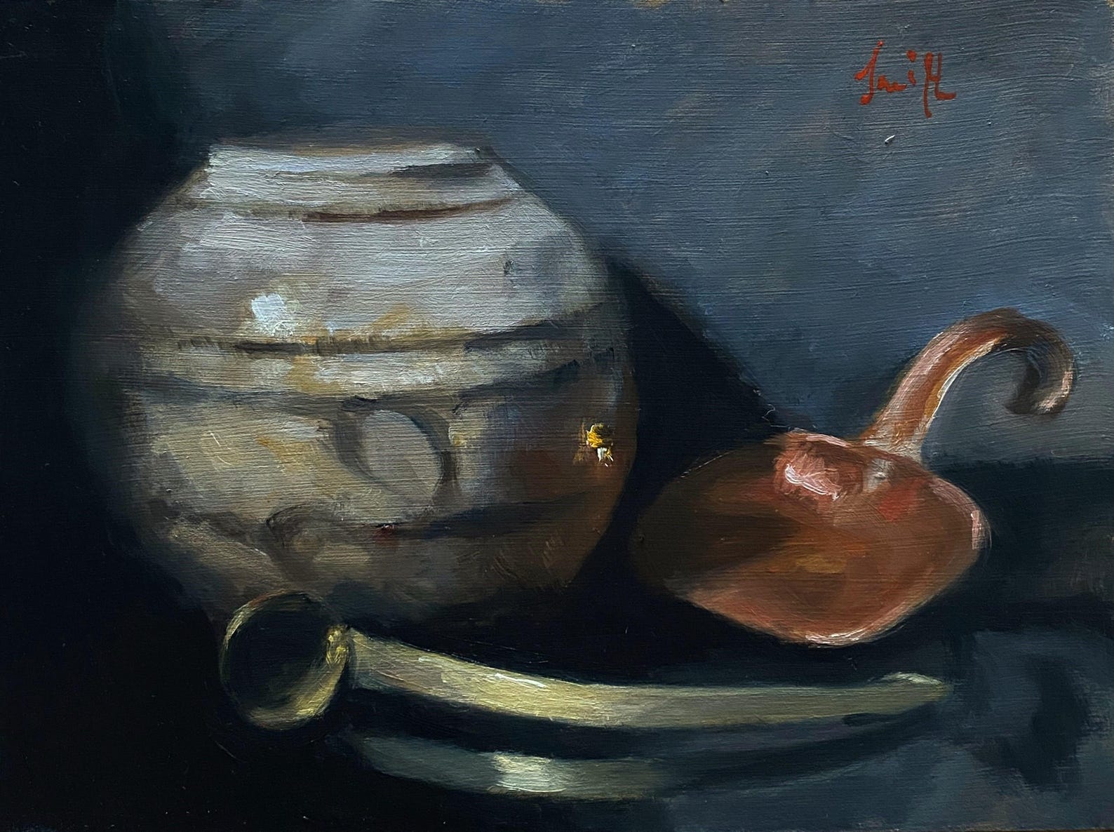 Original Oil Painting Still Life Brass & Copper Kitchenware, With ...