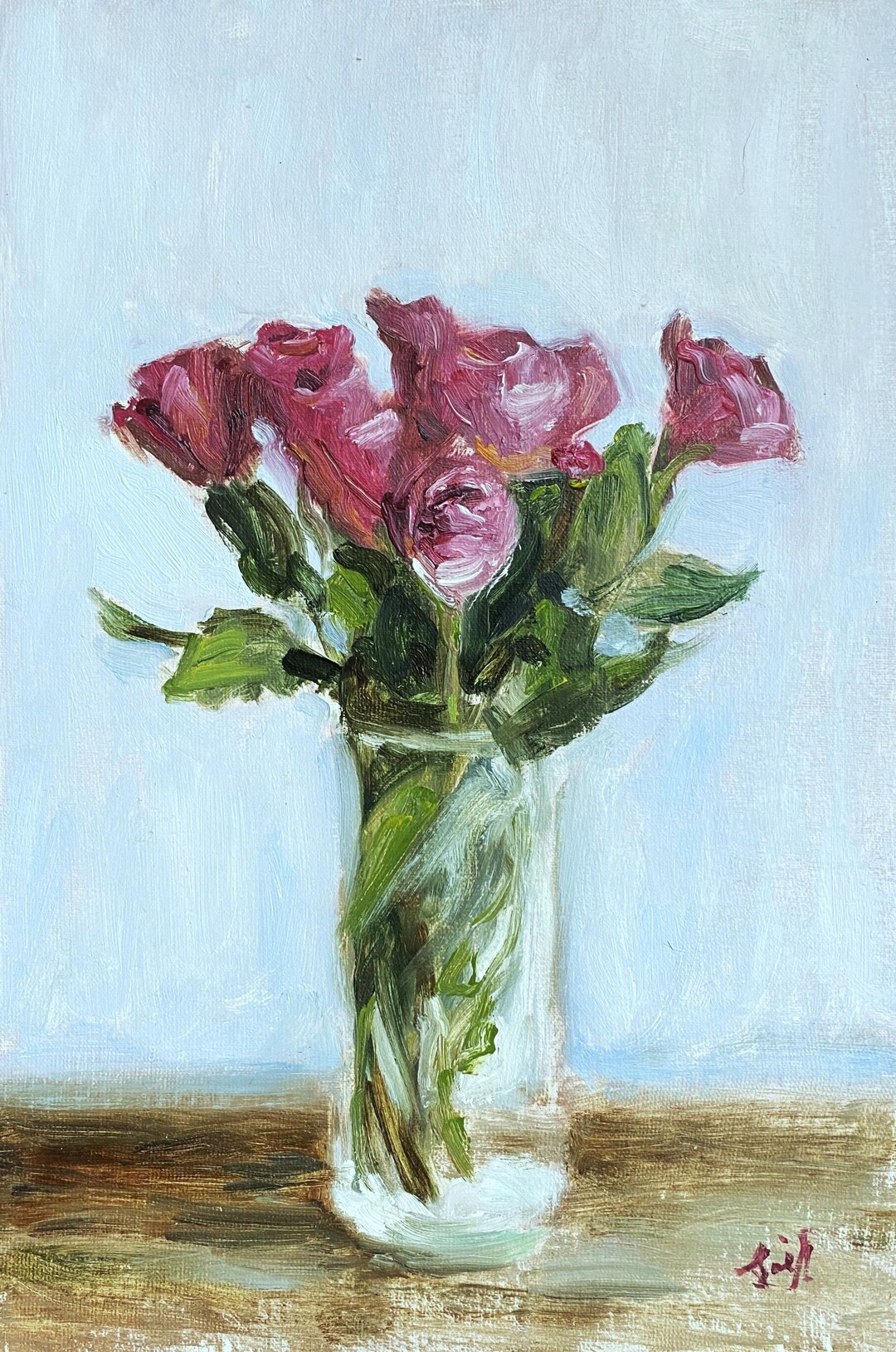 Pink Roses Picture Original Still Life Oil Painting Ideal Gift or Home ...