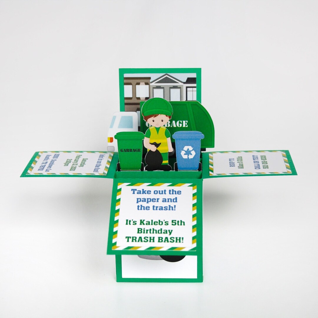 Trash Pickup Party Invites, Recycling Birthday Card, Kids Garbage Truck ...