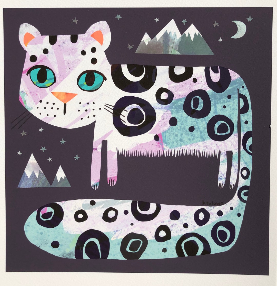 Cute Art Print - Snow Leopard Art - Cat Art - Nursery Art - Collage Art ...