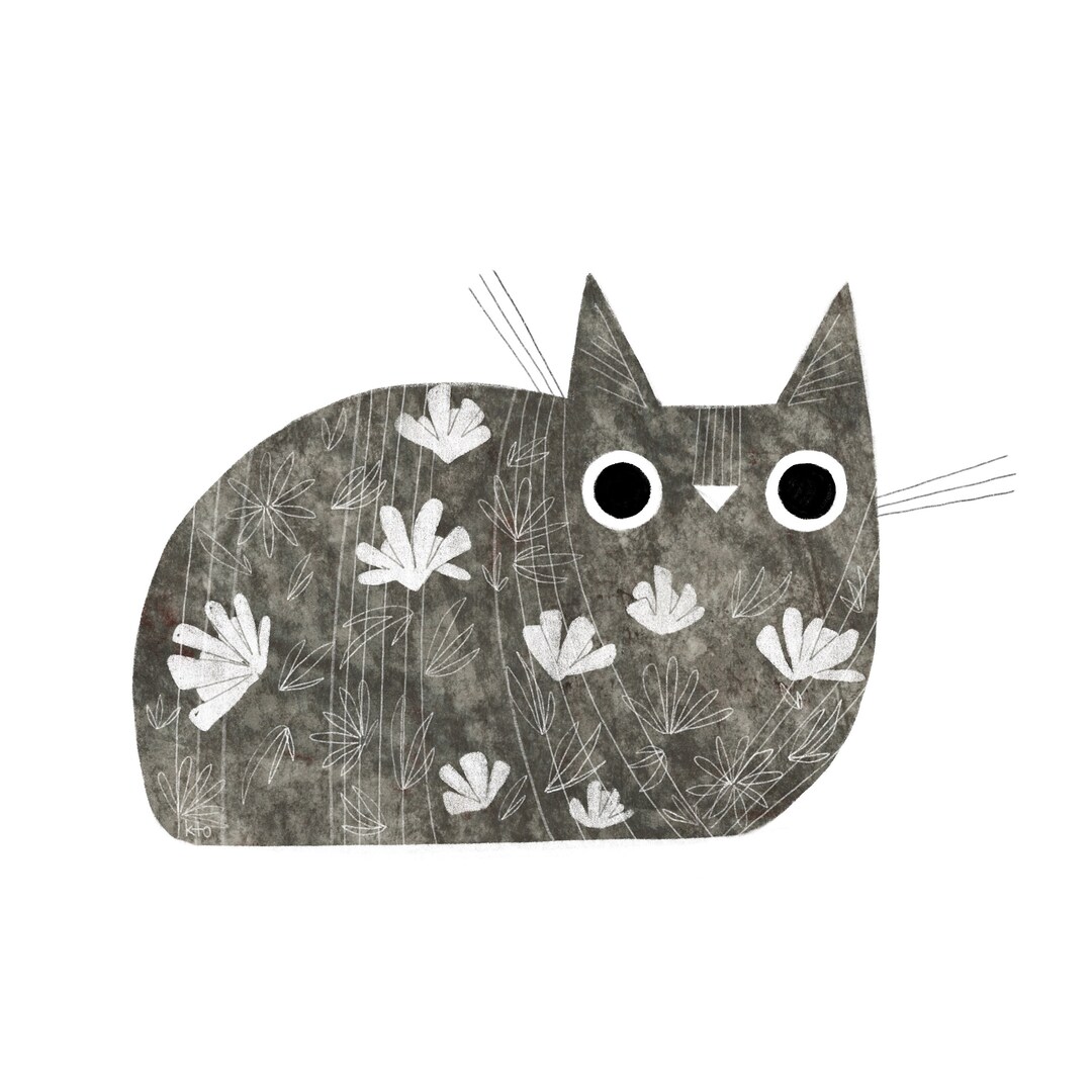 Etchy Sketchy Cat Plant Illustration Print - Grey and White - Cat Lover ...