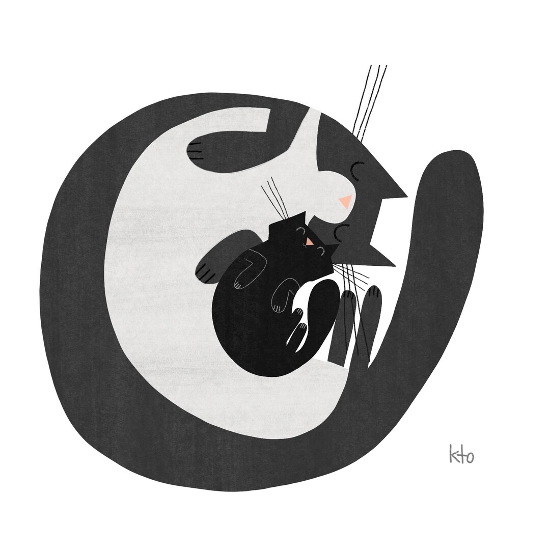 Big Little Cats Snuggle Art Print - Hugs - Black Cat Tuxedo Cat - Cat ...