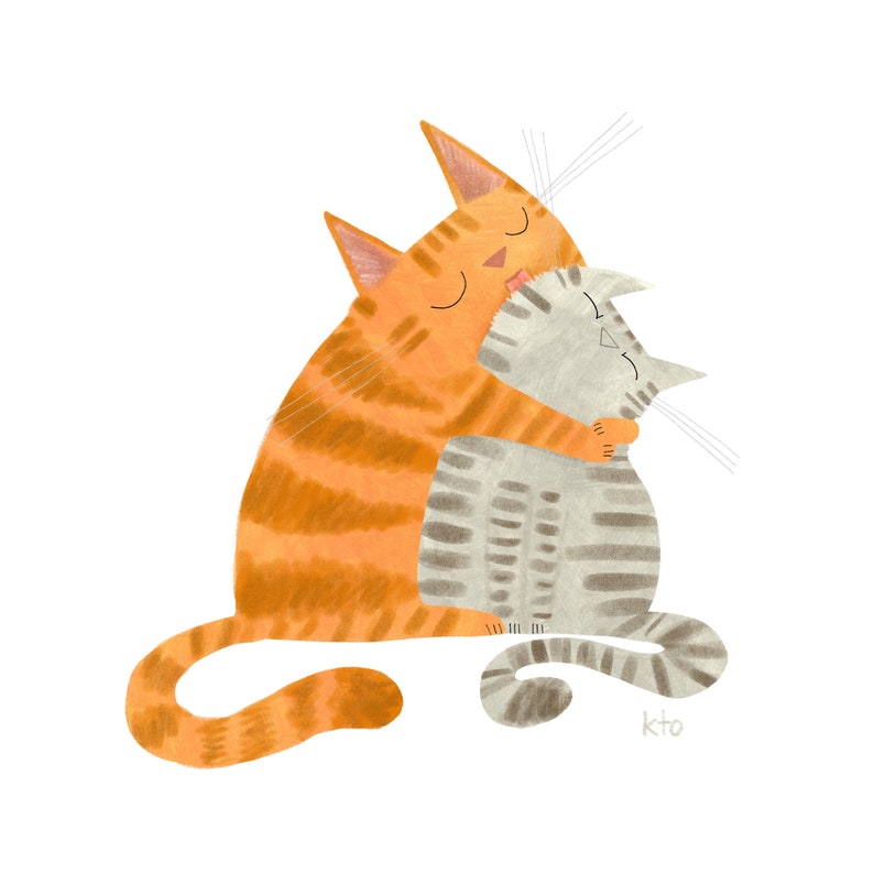 Kissy Face Cats - Cat Illustration - Cute Cat Art - Happy Cats Art - Etsy