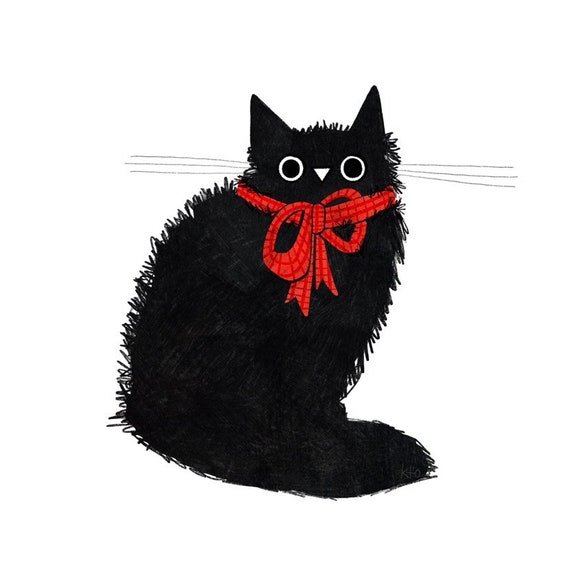 Black Cat Bow Ribbon Pencil Collage Illustration Print | Etsy