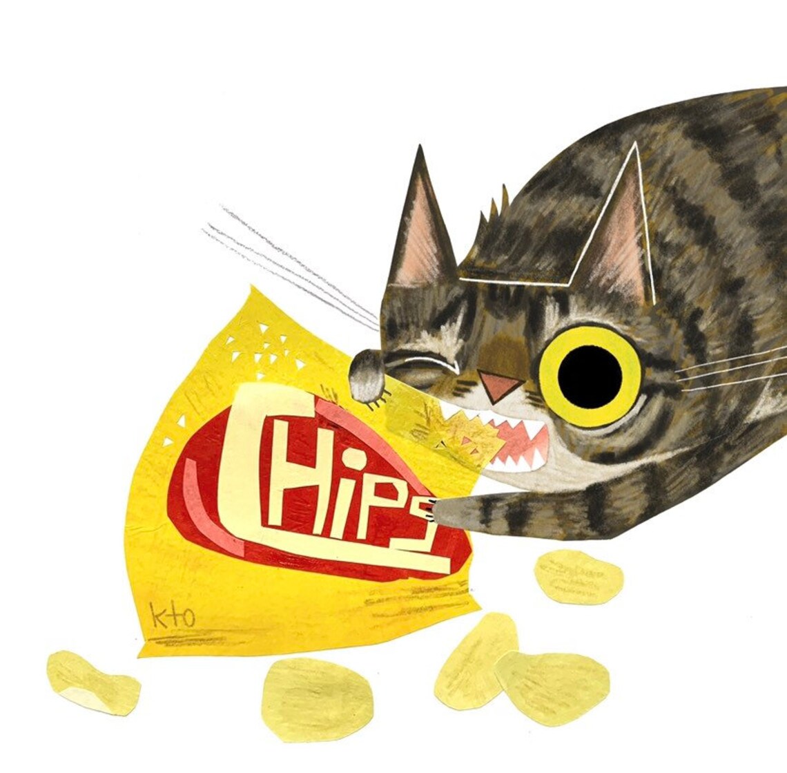 Cat Crispy Chips Print Black Cat Illustration Cute Cat Art - Etsy