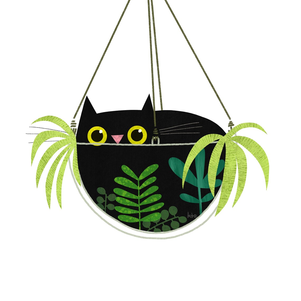 Cat Plant Art Print - Cute Cat Illustration - Black Cat - Terrarium ...