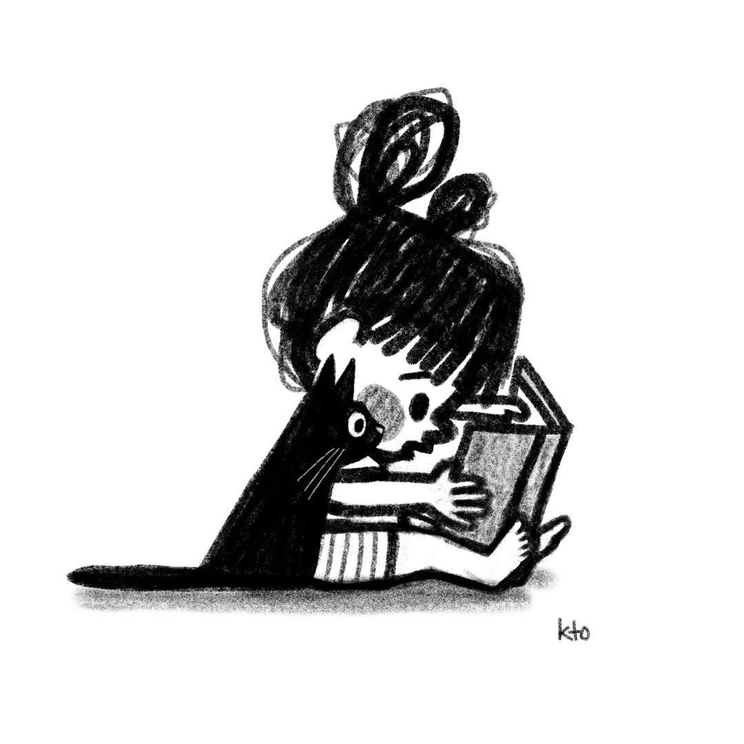 Read Aloud Girl Cat Print - Art Illustration - Cat Drawing - Cat Lover ...