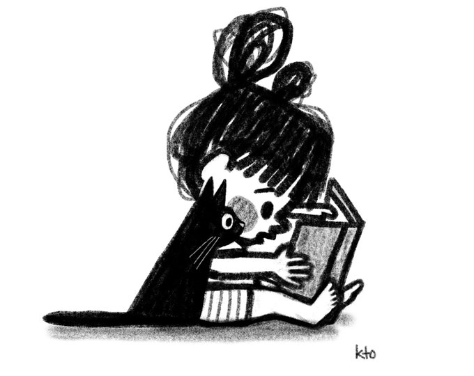 Read Aloud Girl Cat Print - Art Illustration - Cat Drawing - Cat Lover ...