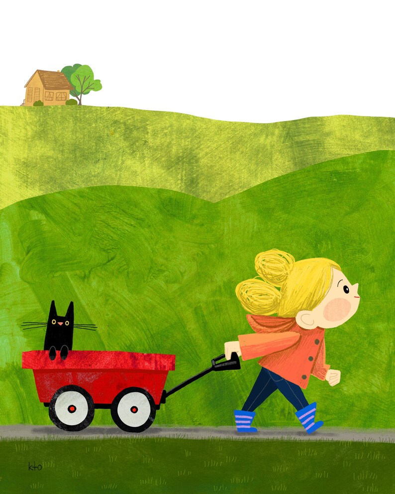 Little Red Wagon Child Illustration - Cute Art Print - Adventure Art - Etsy