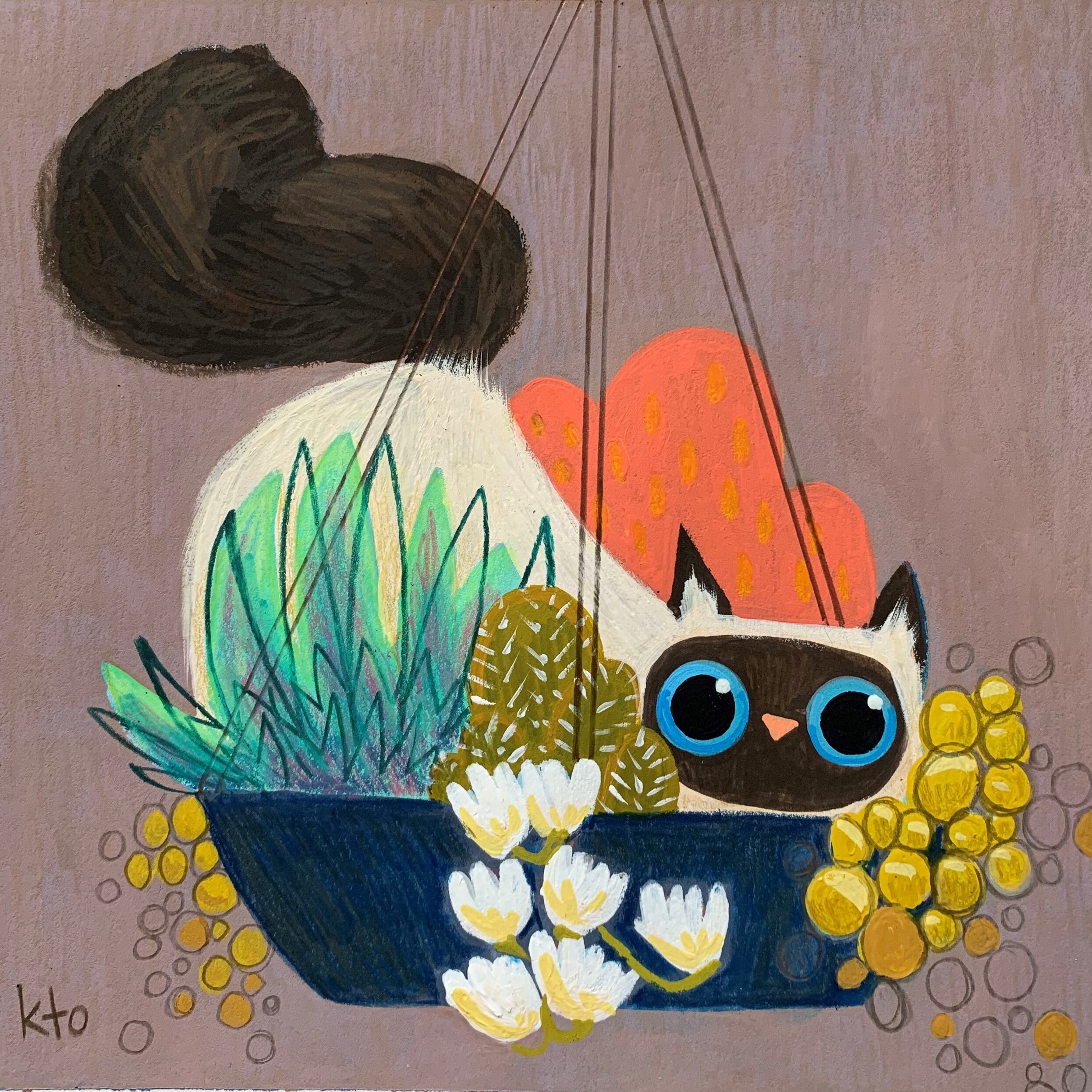 Cat Plant Art Print Cute Cat Illustration Siamese Cat | Etsy