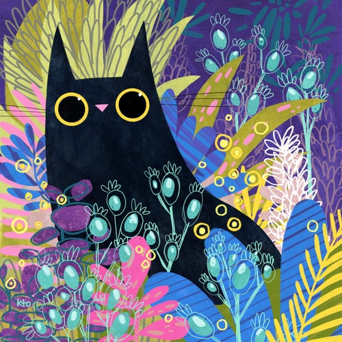 Purple Lavender Cat Art Print Illustration Cat Lover Gift - Etsy