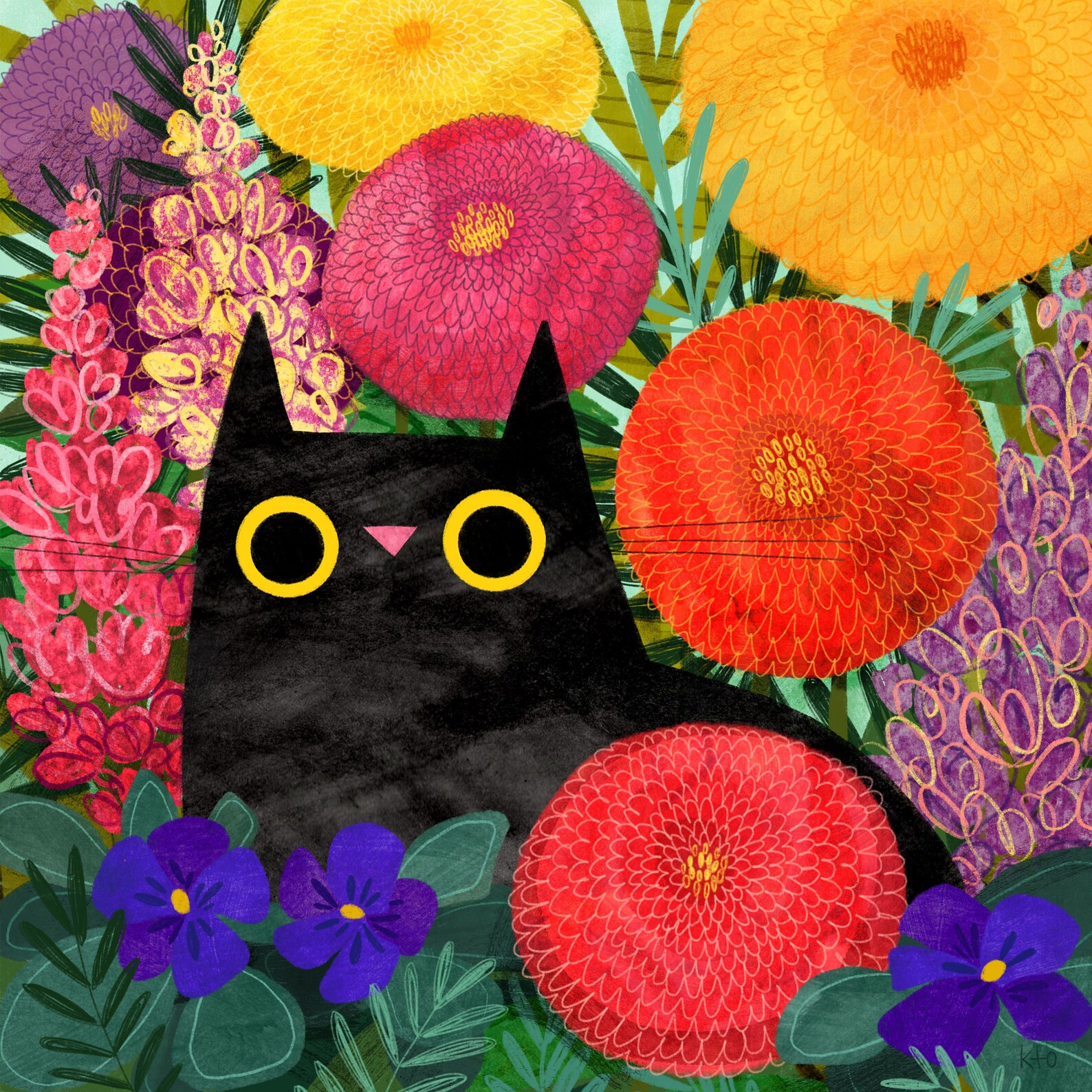 Cat Blooms Art Print Illustration Cat Lover Gift - Etsy